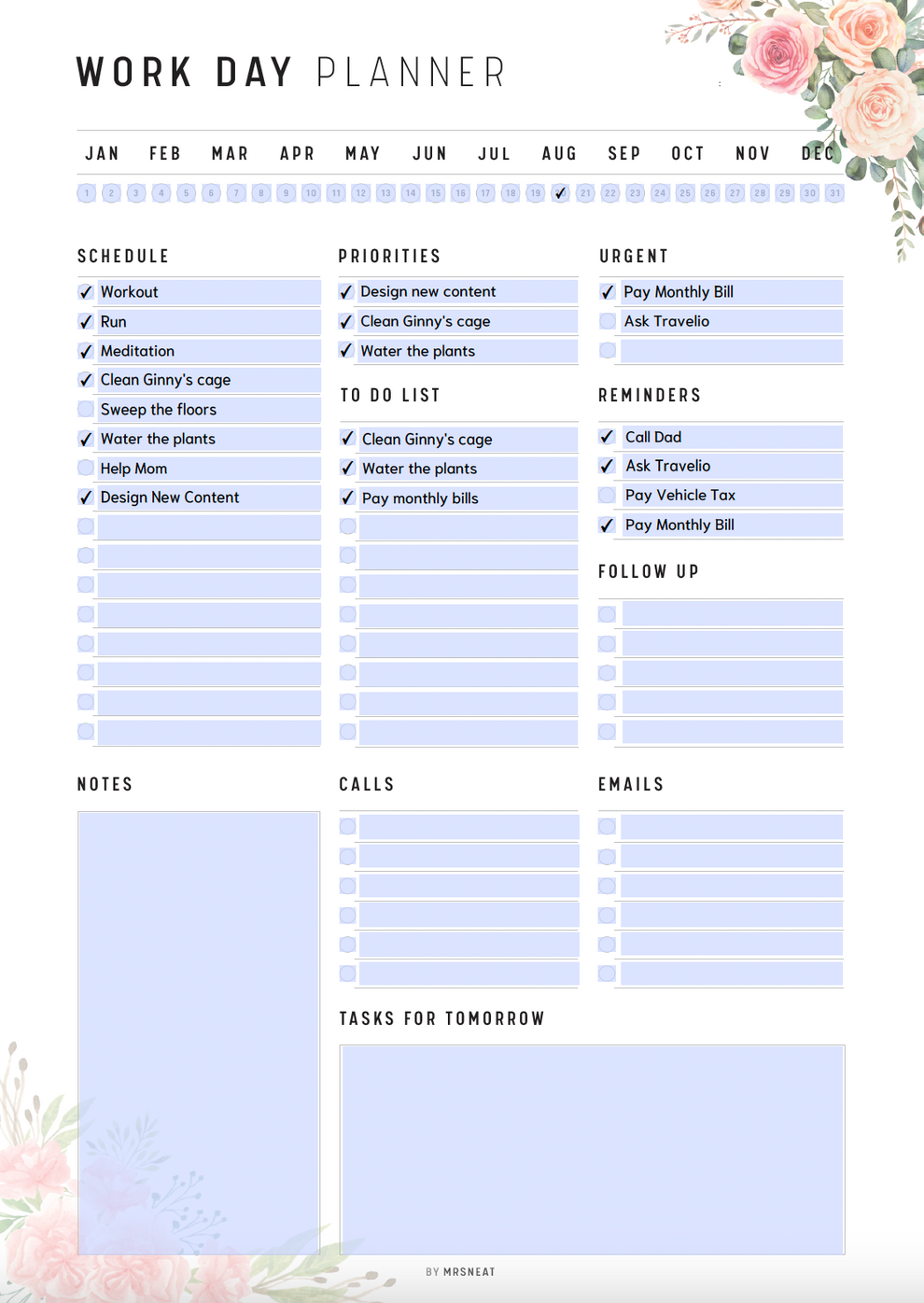 Floral Work Day Planner Printable - M206 – mrsneat