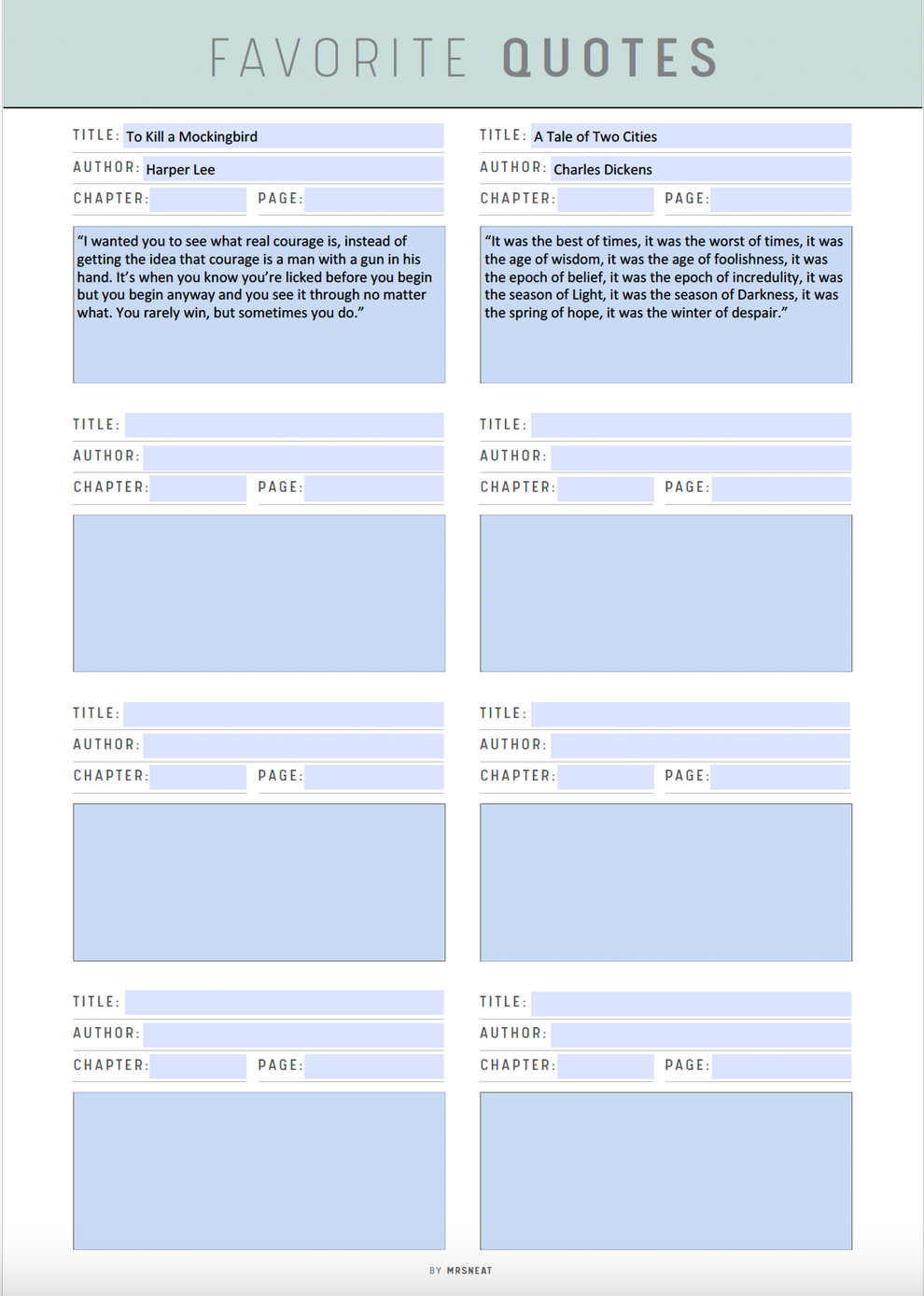 Favorite Books & Quotes Template Printable - M214 – mrsneat