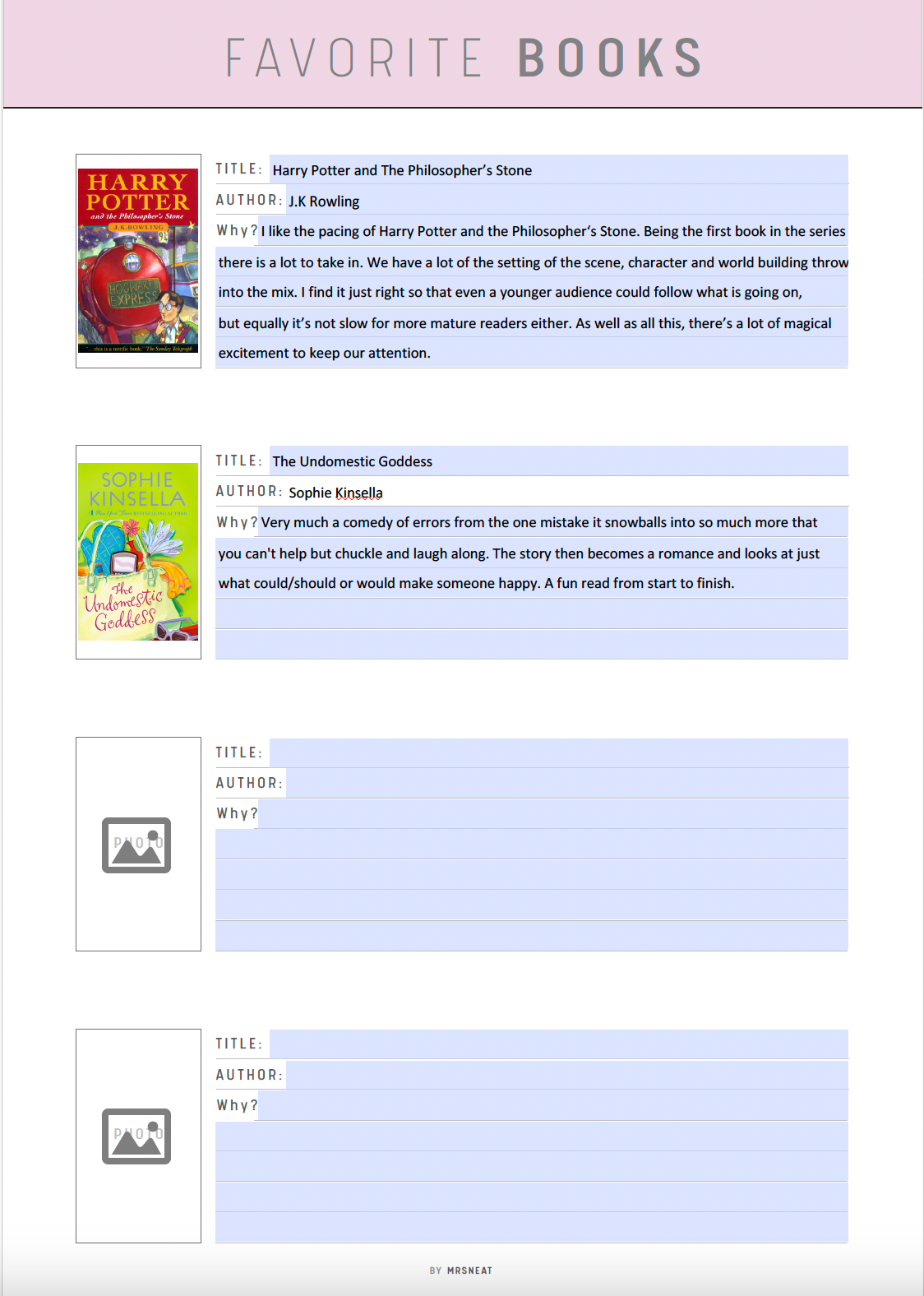 Favorite Books & Quotes Template Printable - M214 – mrsneat