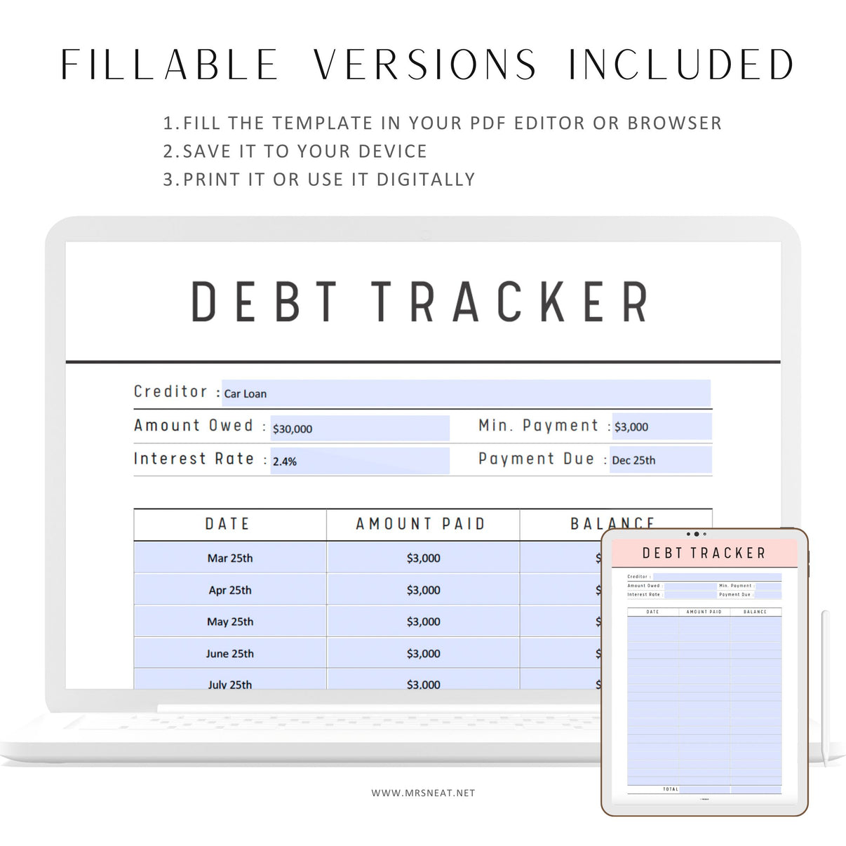 Debt Payment Tracker Template Printable - M265 – mrsneat