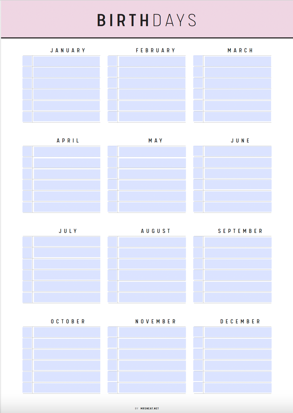 Birthday Tracker Template Printable - M274 – mrsneat