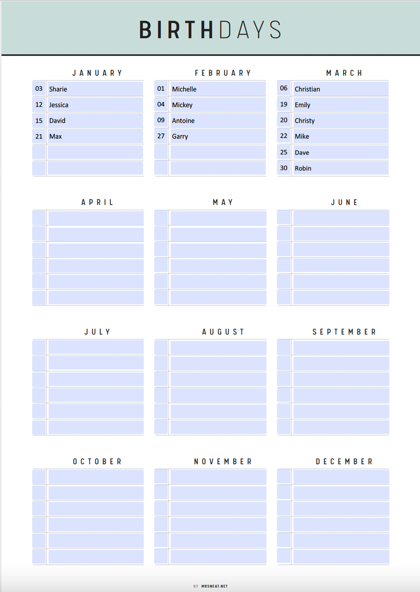 Birthday Tracker Template Printable - M274 – mrsneat