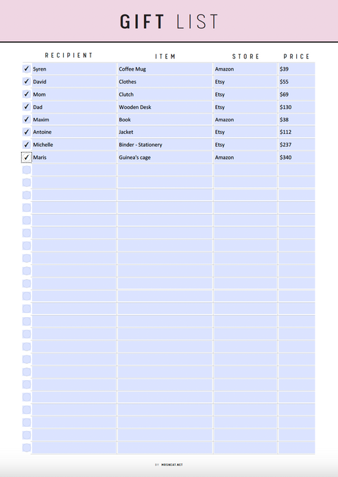 Gift List Template PRINTABLE - M275 – mrsneat