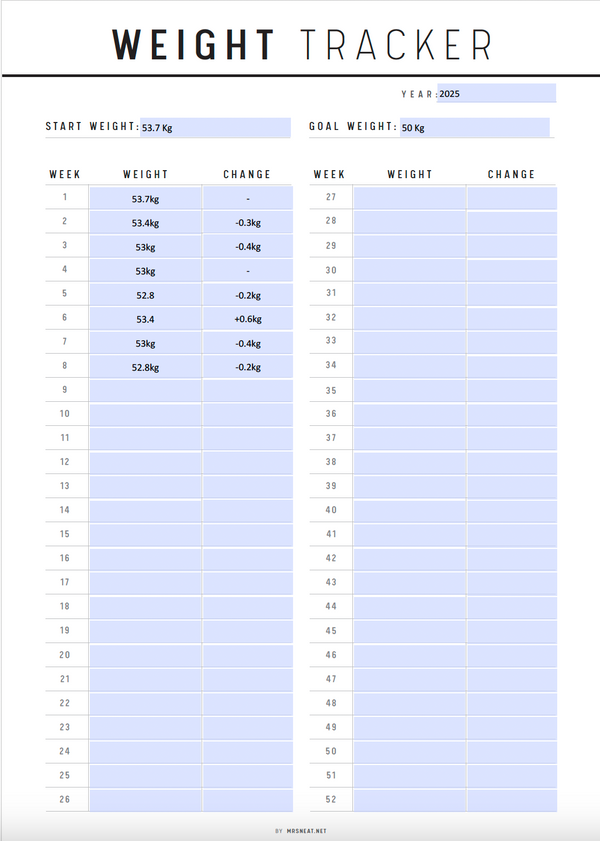 52 Week Weight Loss Tracker Printable - M277 – mrsneat