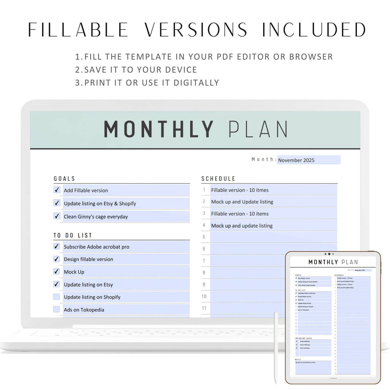 Monthly Planner Template Printable PDF - M281 – mrsneat