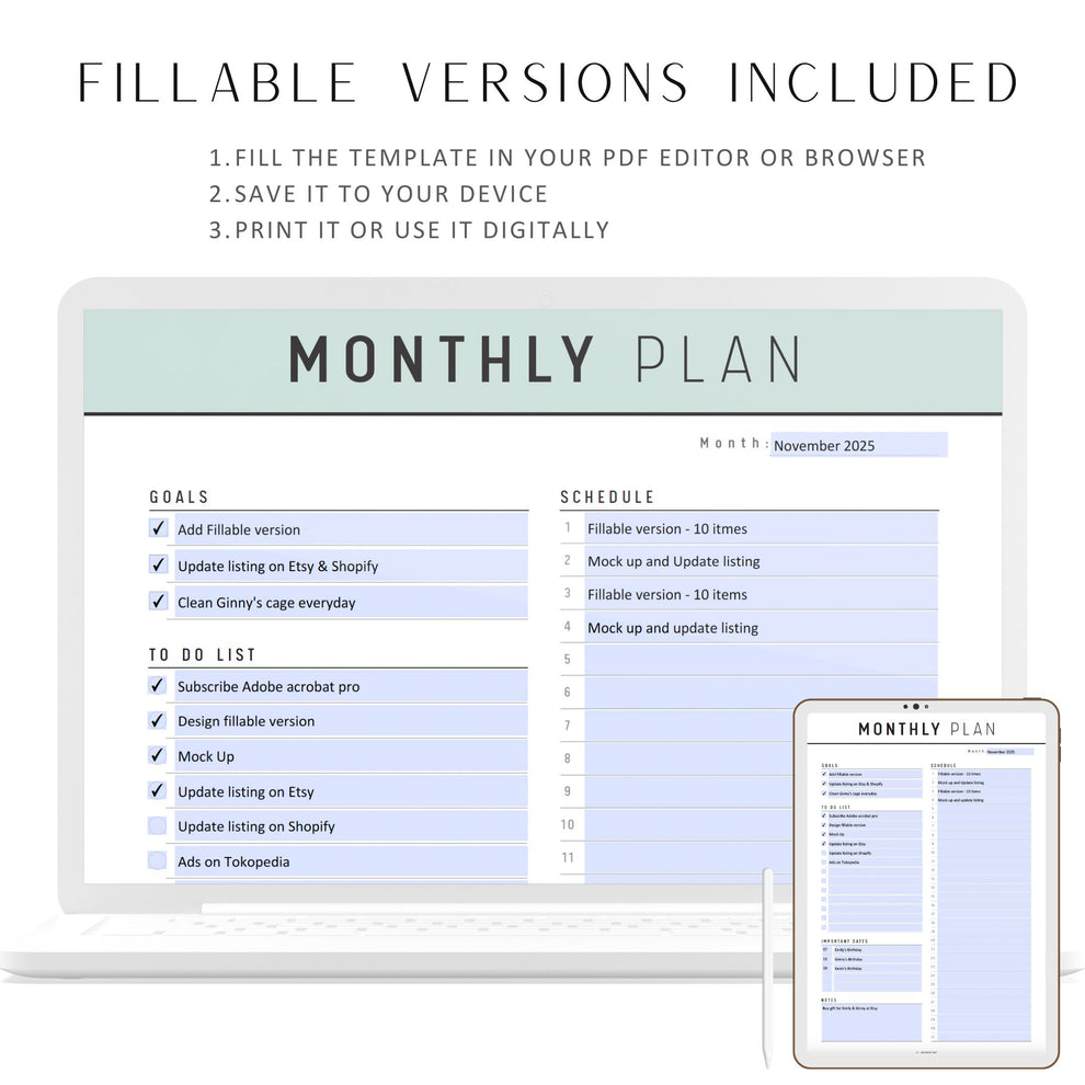 Monthly Planner Template Printable PDF - M281 – mrsneat