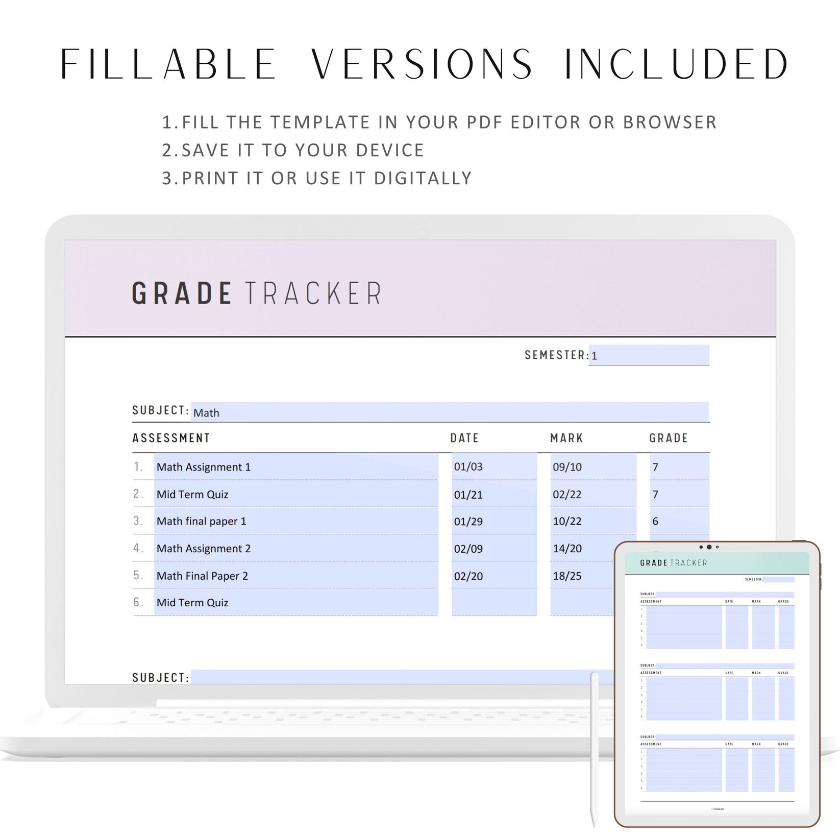 Printable Grade Tracker Template - M302 – mrsneat