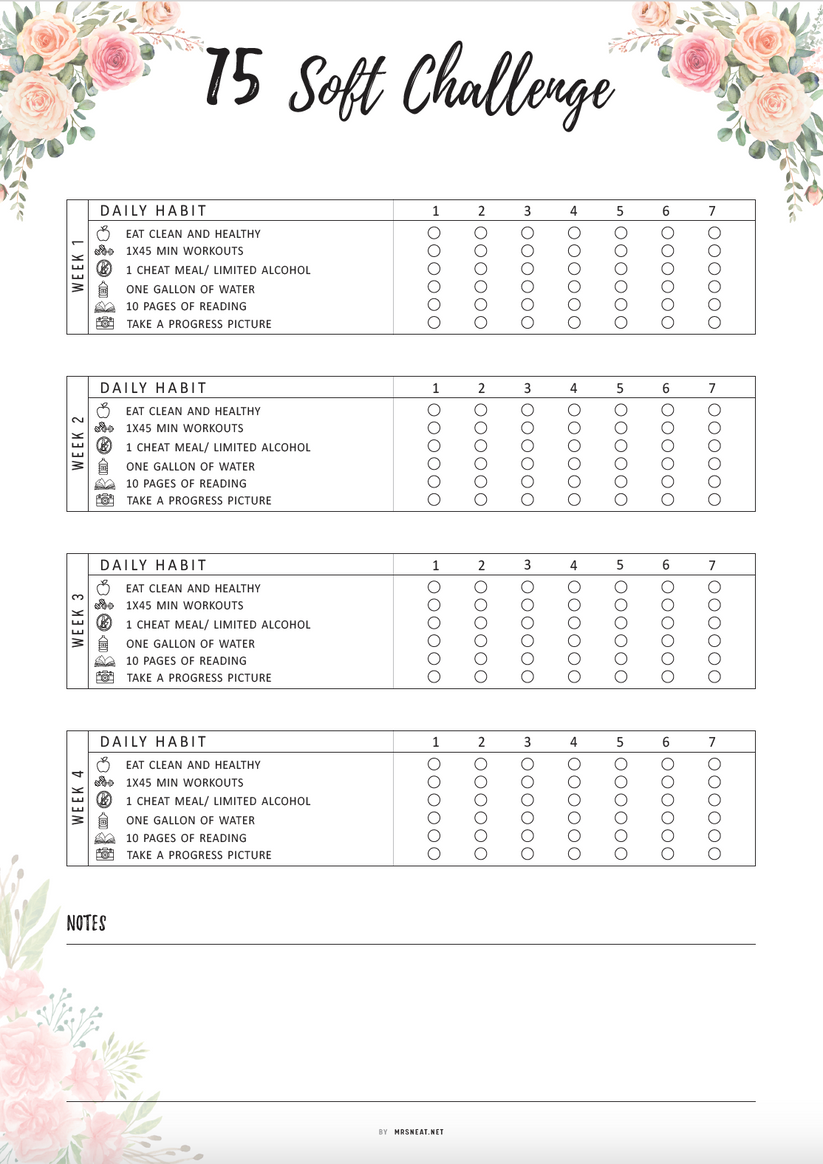 Floral 75 Soft Challenge Tracker Printable - M309 – mrsneat