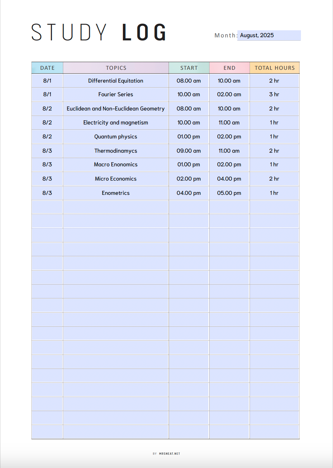Monthly Study Log Planner Printable - M324 – mrsneat
