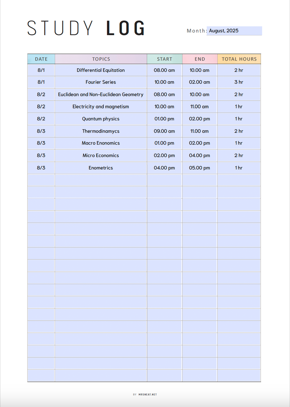 Monthly Study Log Planner Printable - M324 – mrsneat