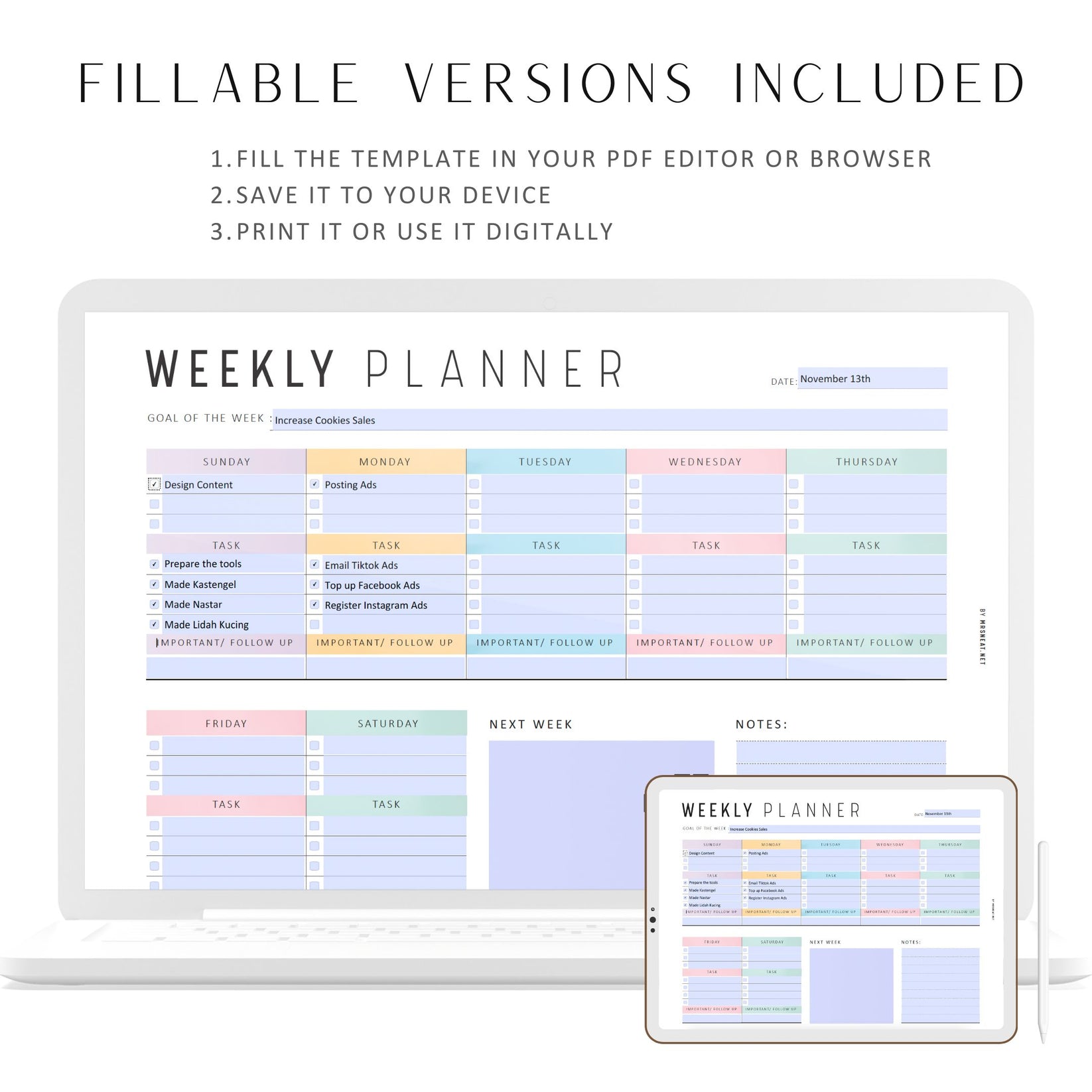 Printable Weekly Planner Landscape PDF - M330 – mrsneat