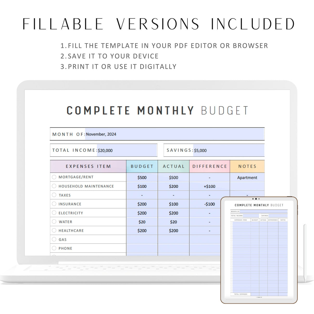 Complete Monthly Budget Template Printable - M396 – mrsneat