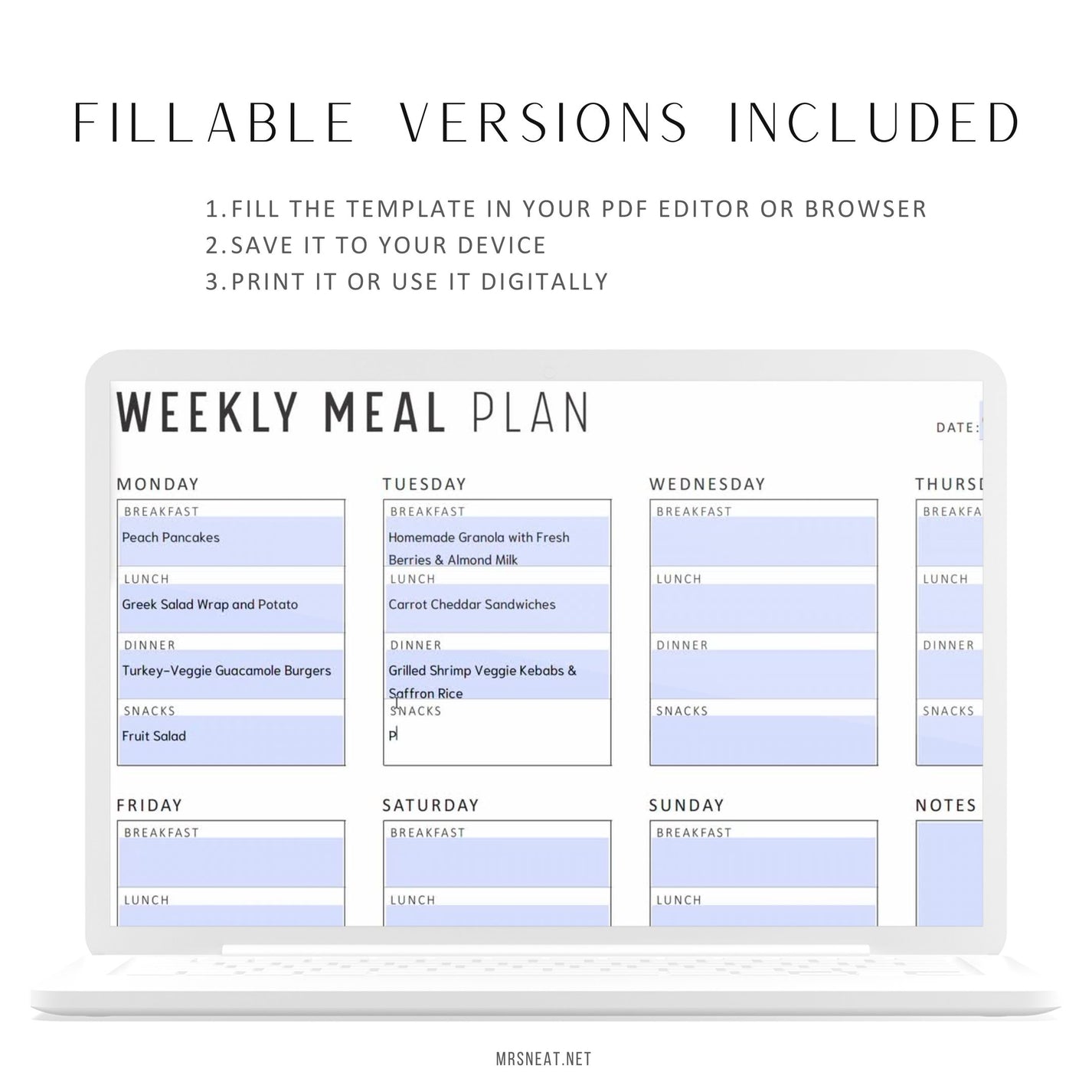Printable Weekly Meal Planner Landscape - M406 – mrsneat