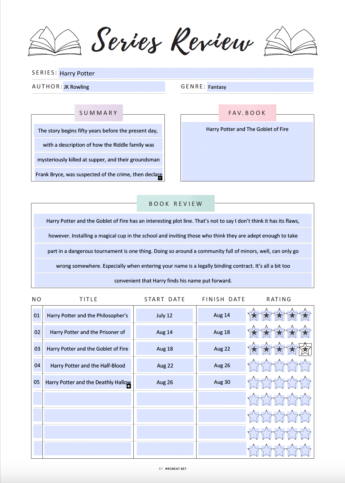 Series Review Tracker Printable - M433 – mrsneat