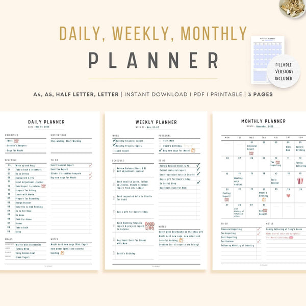 FILLABLE Minimalist Planner Bundle: Daily, Weekly, Monthly (Printable ...