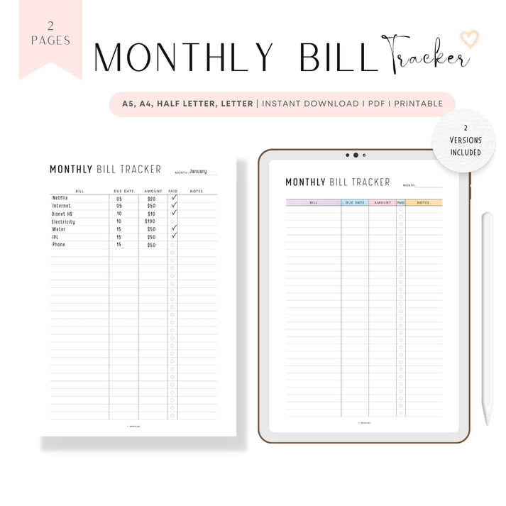 Monthly Bill Tracker Printable - M404 – mrsneat