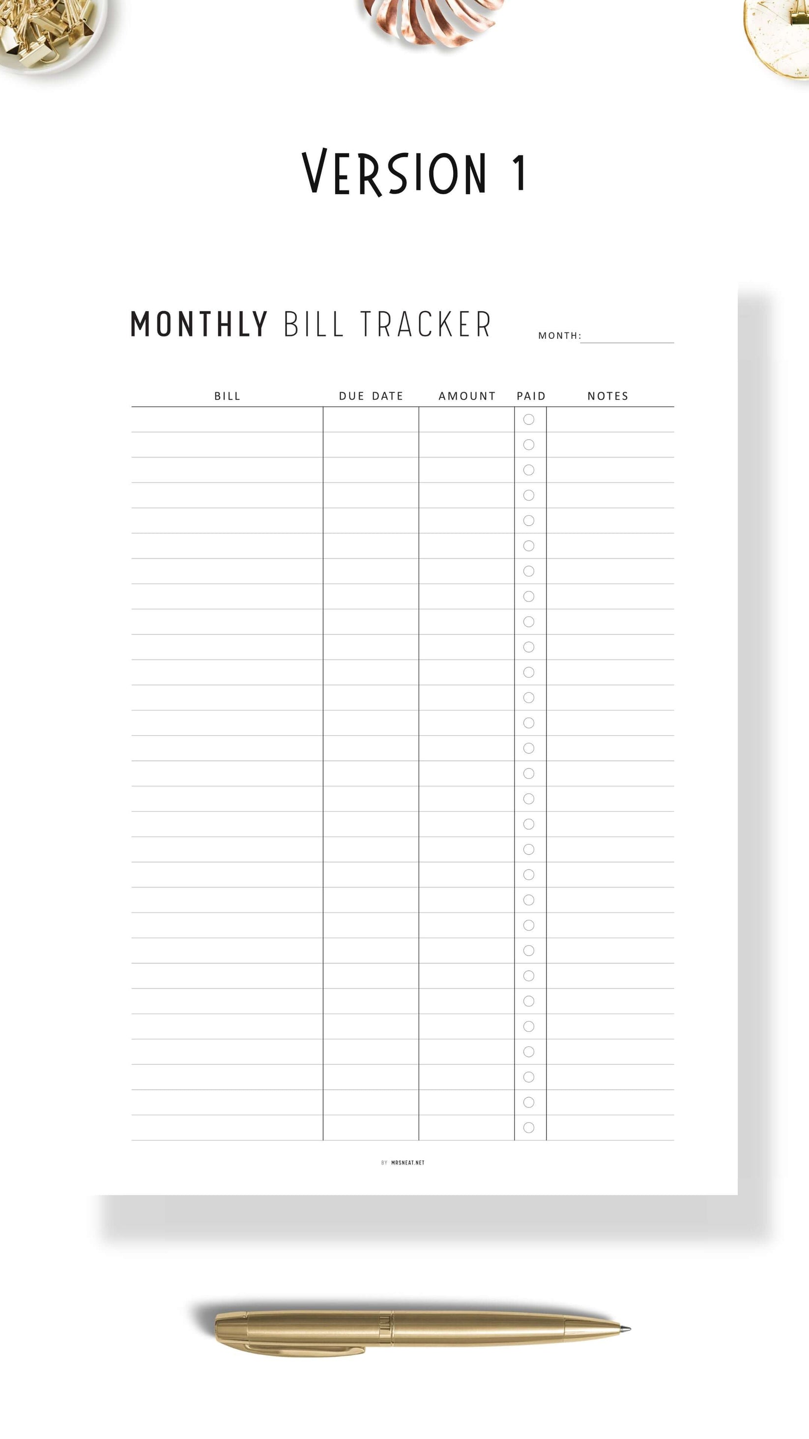 Monthly Bill Tracker Printable - M404 – mrsneat