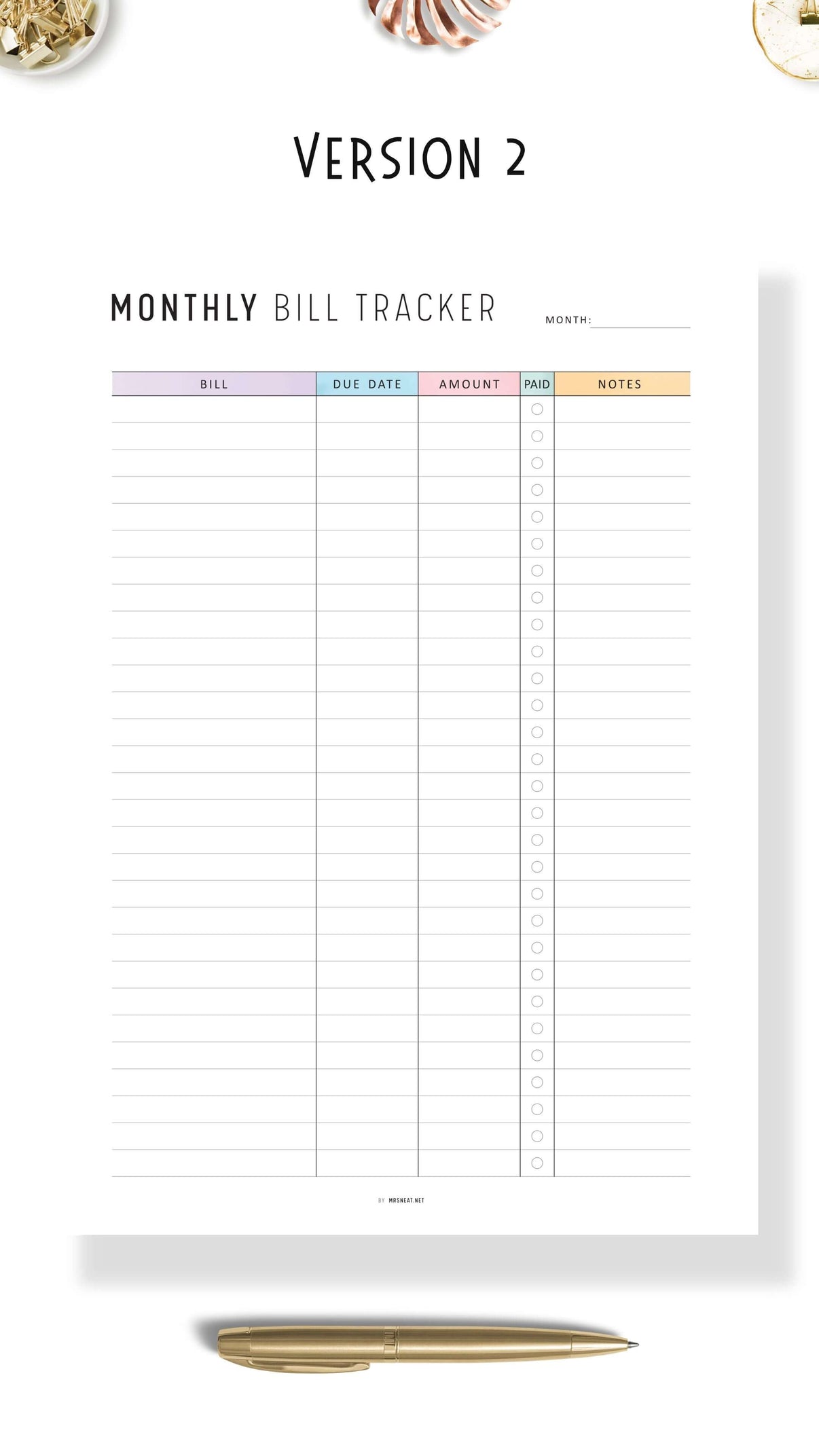 Monthly Bill Tracker Printable - M404 – mrsneat