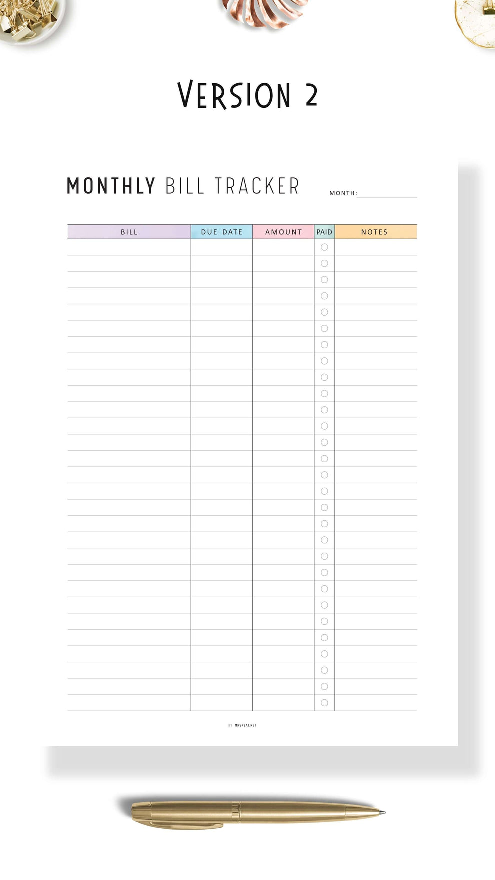 Monthly Bill Tracker Printable - M404 – mrsneat