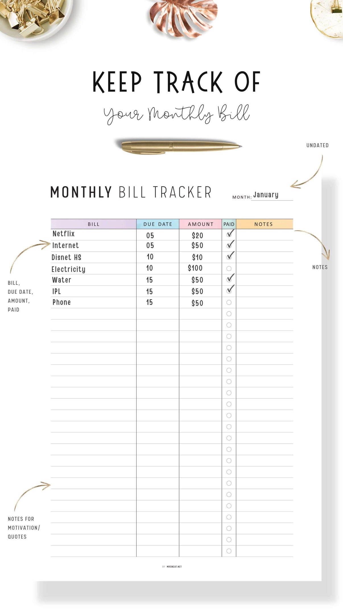 Monthly Bill Tracker Printable - M404 – mrsneat