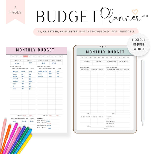 Monthly Budget Template PRINTABLE - M418 – mrsneat