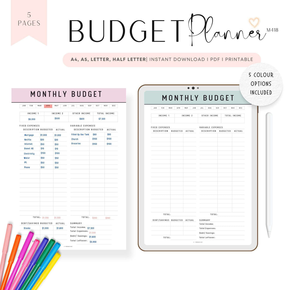 Monthly Budget Template Printable - M418 – mrsneat