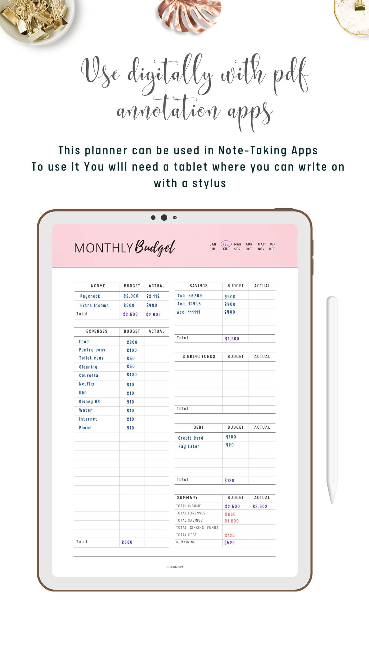 Monthly Budget Tracker Template - M312 – mrsneat