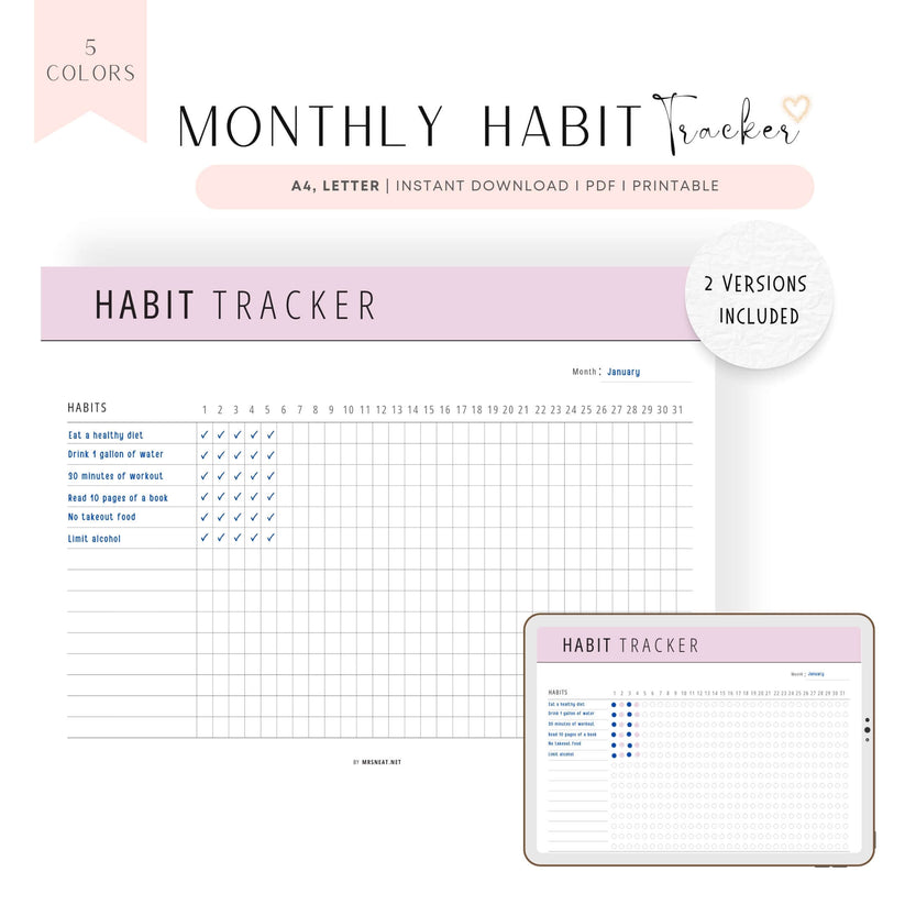 Monthly Habit Tracker Printable 2 Versions - M282 – mrsneat
