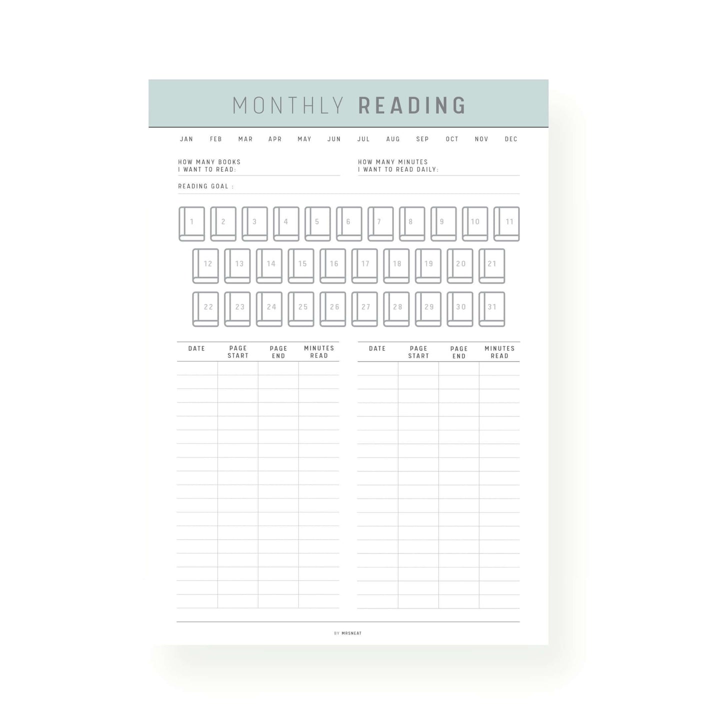 Monthly Reading Tracker Template PRINTABLE - M224 – mrsneat