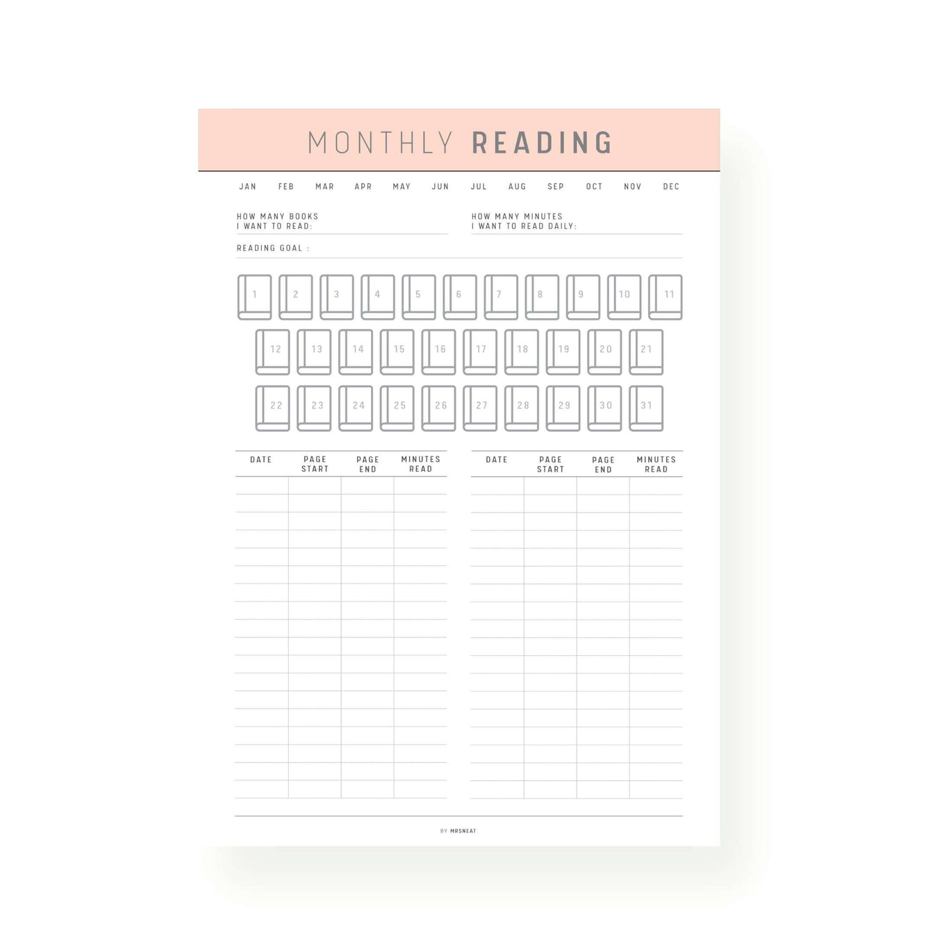 Monthly Reading Tracker Template PRINTABLE - M224 – mrsneat