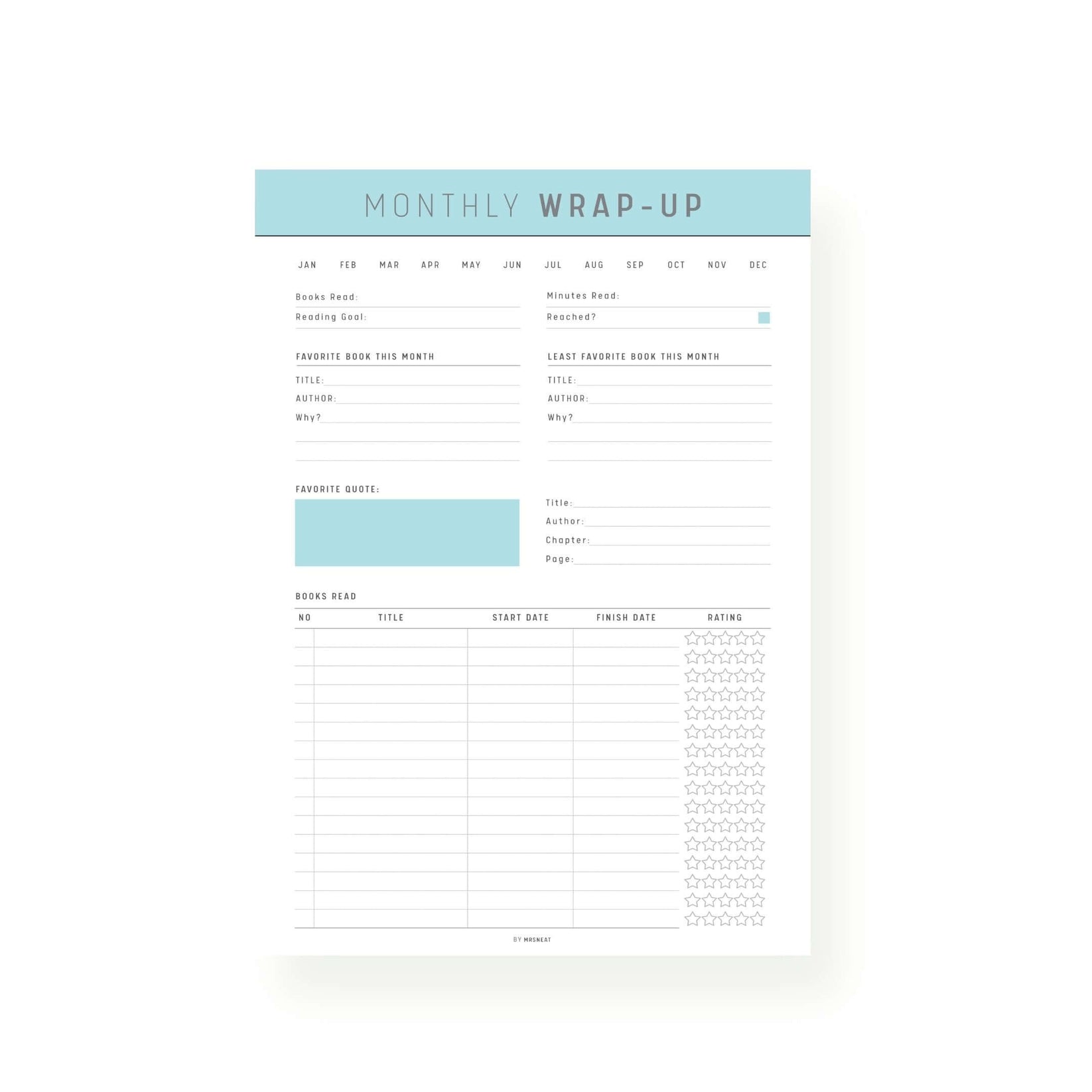 Monthly Reading Wrap Up Template PRINTABLE - M222 – mrsneat