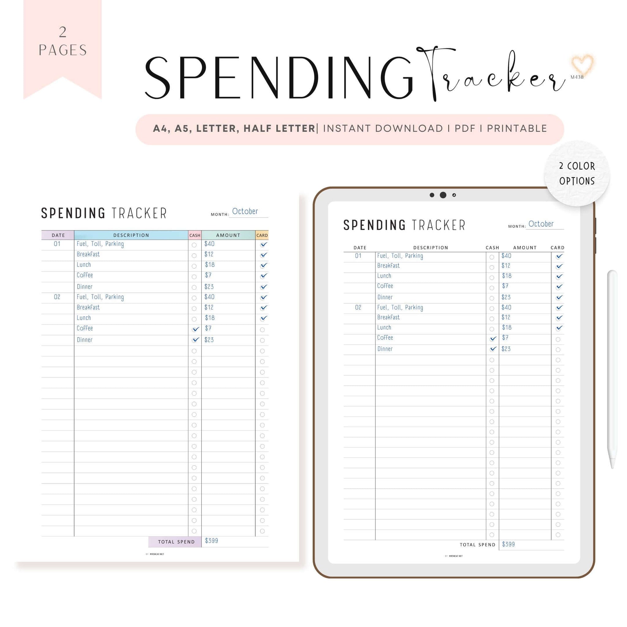 Monthly Spending Tracker Printable - M438 – mrsneat