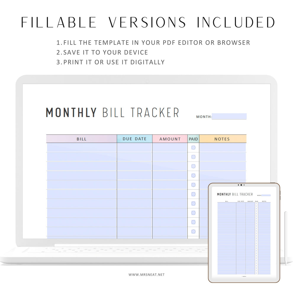 Monthly Bill Tracker Printable - M404 – mrsneat