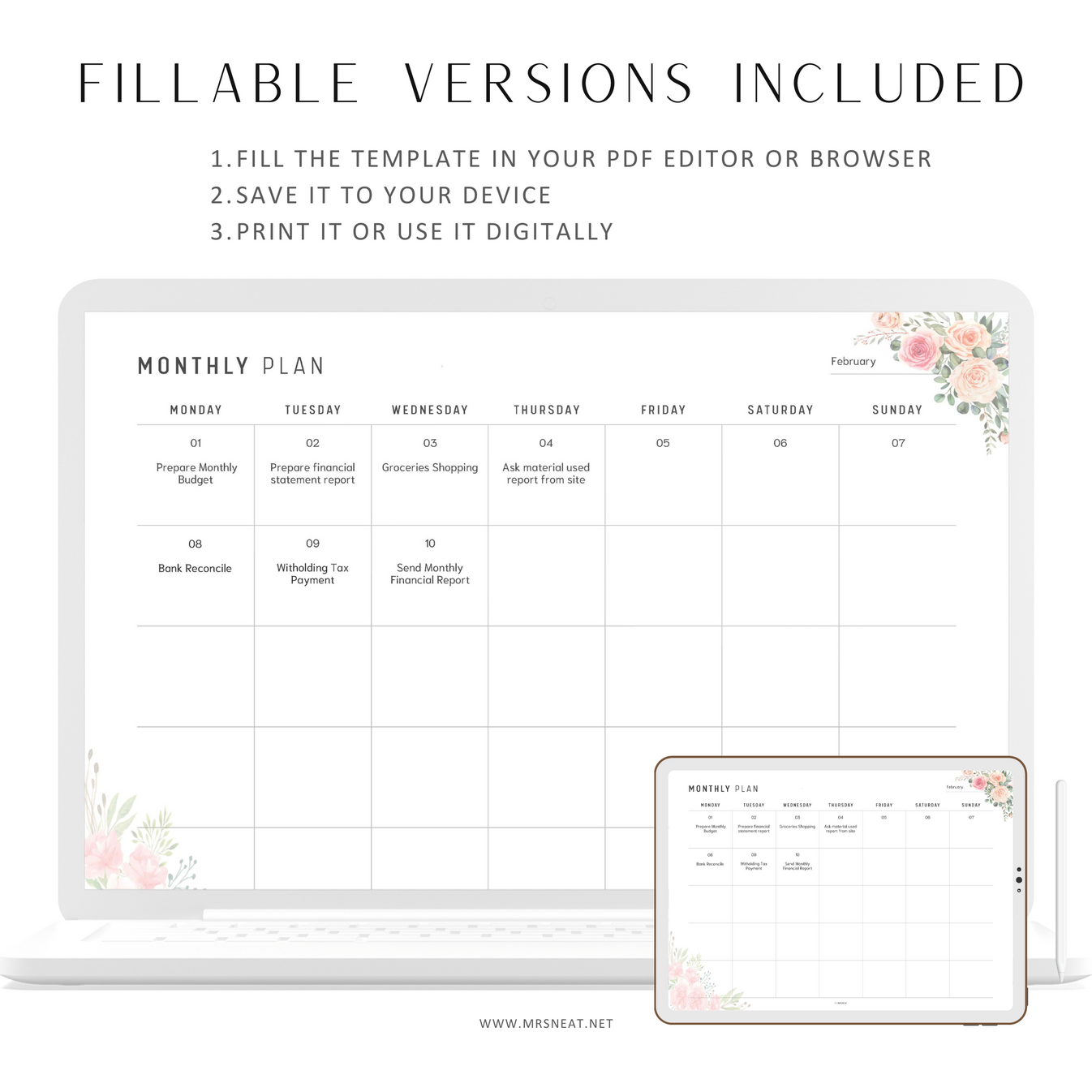 Floral Editable Monthly Planner Landscape - M212 – mrsneat