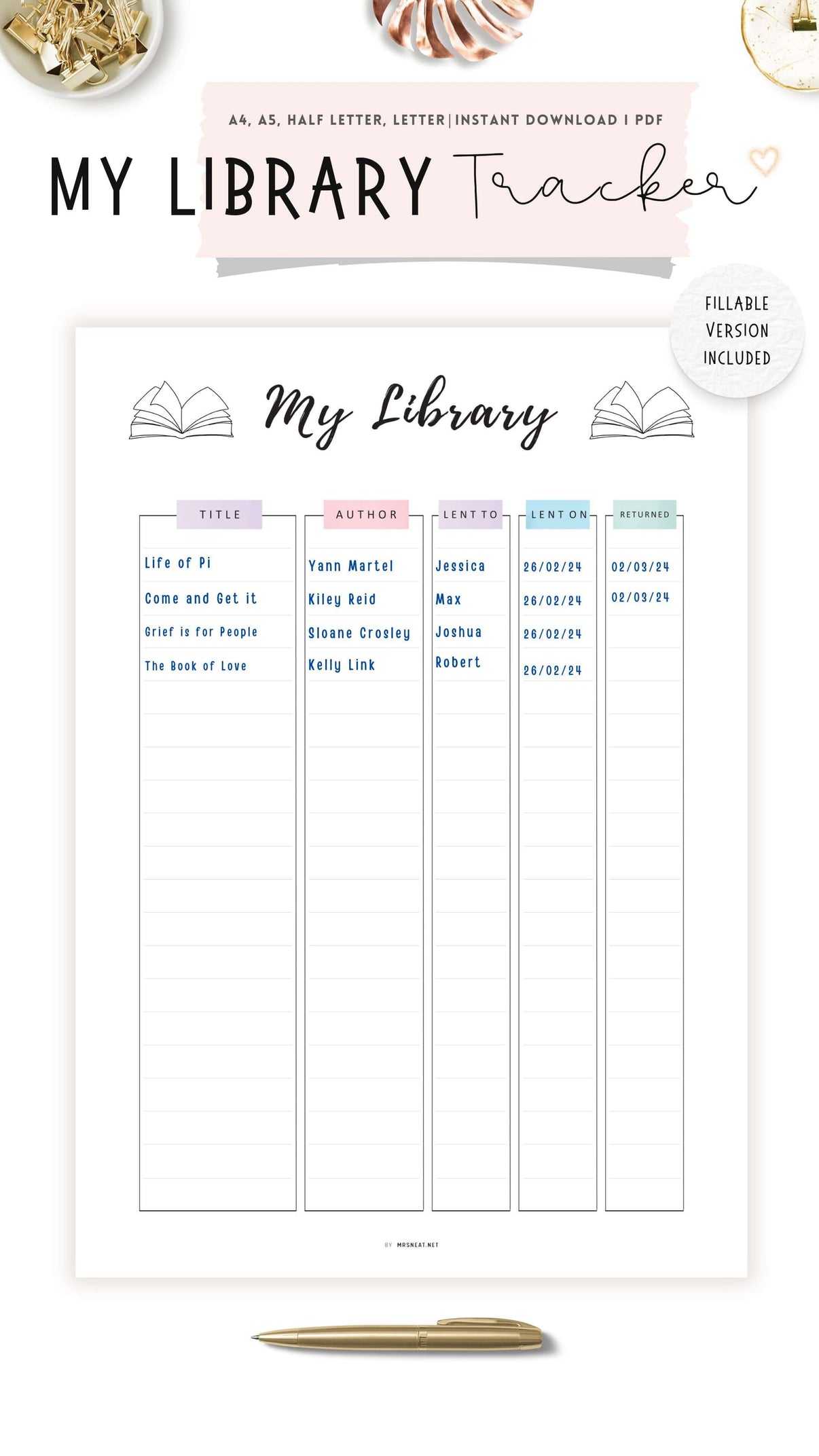 My Library Book Tracker Template Printable - M432 – mrsneat