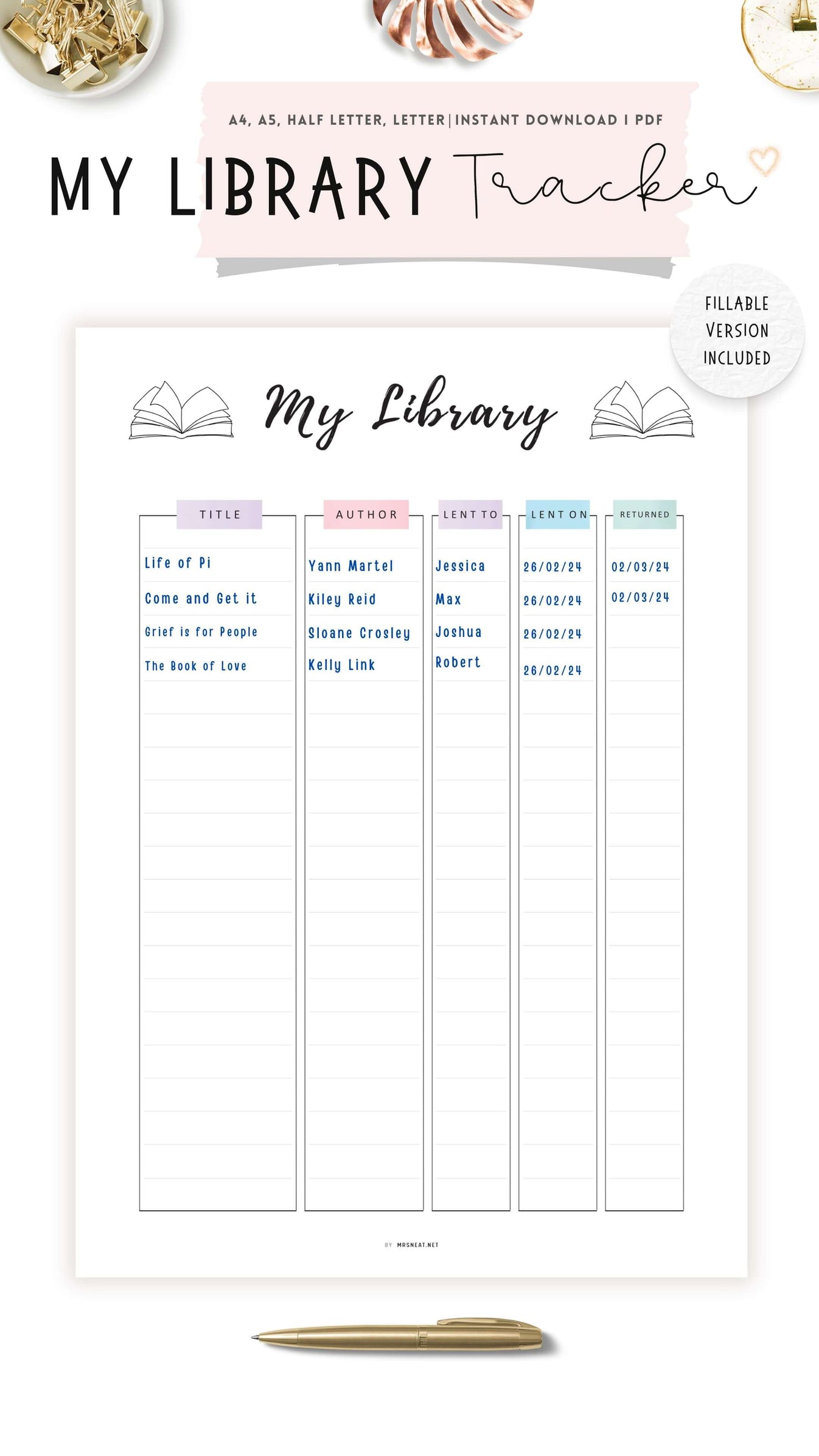 My Library Book Tracker Template Printable - M432 – mrsneat