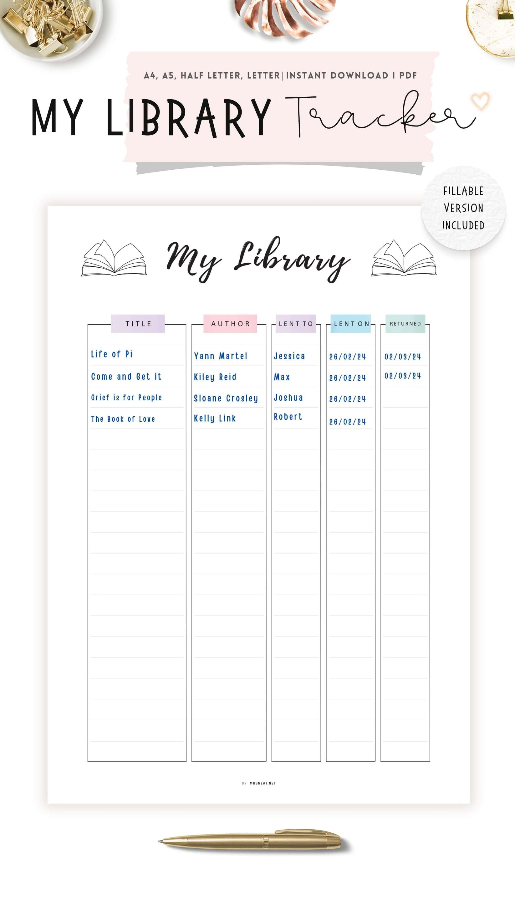 My Library Book Tracker Template Printable - M432 – mrsneat