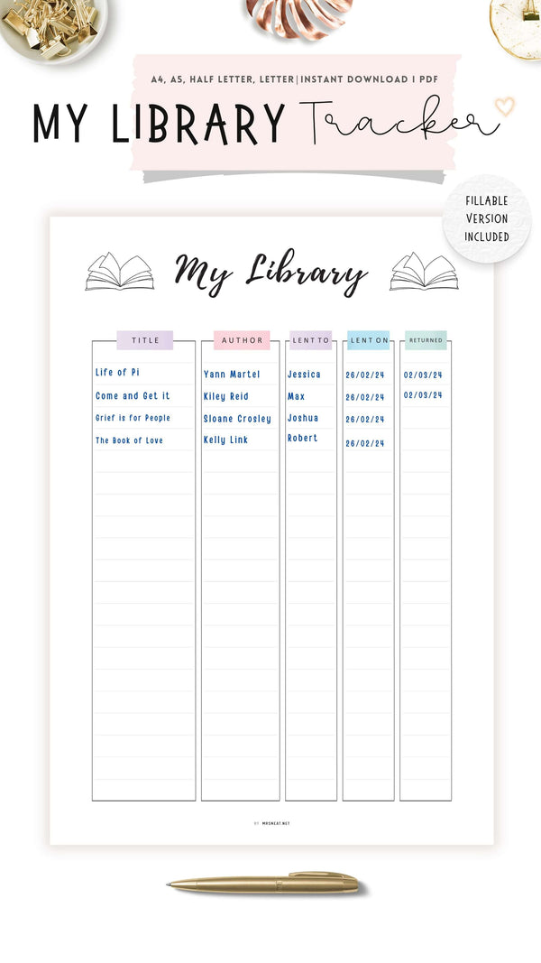 My Library Book Tracker Template PRINTABLE - M432 – mrsneat