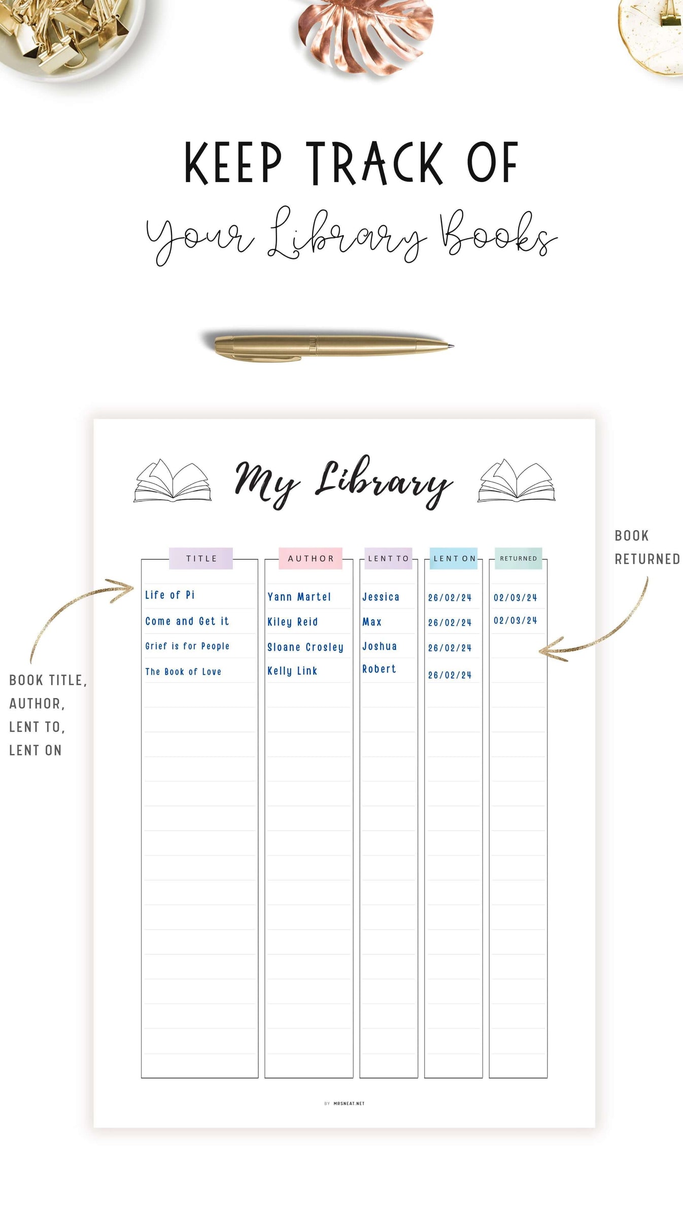 My Library Book Tracker Template Printable – mrsneat