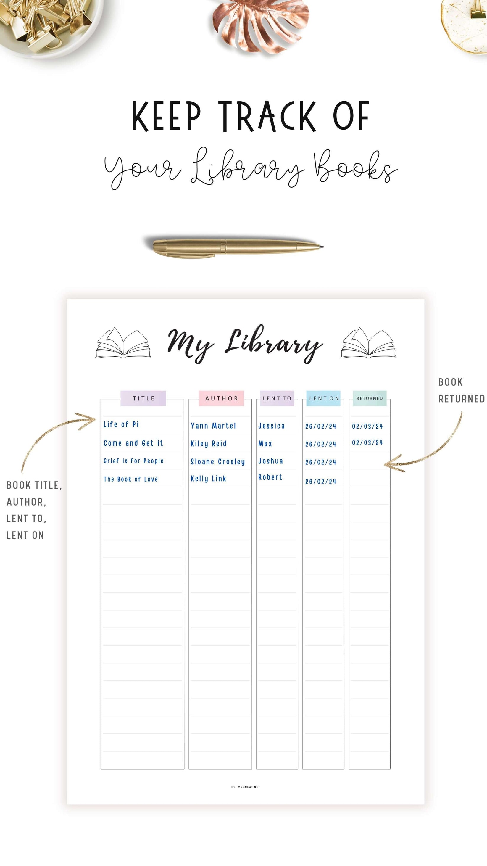 My Library Book Tracker Template Printable – mrsneat