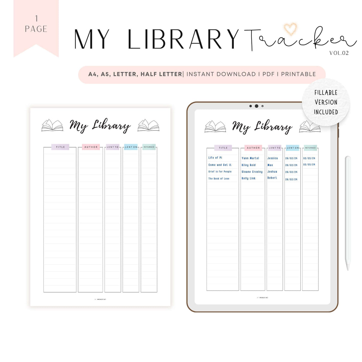 My Library Book Tracker Template PRINTABLE - M432 – mrsneat
