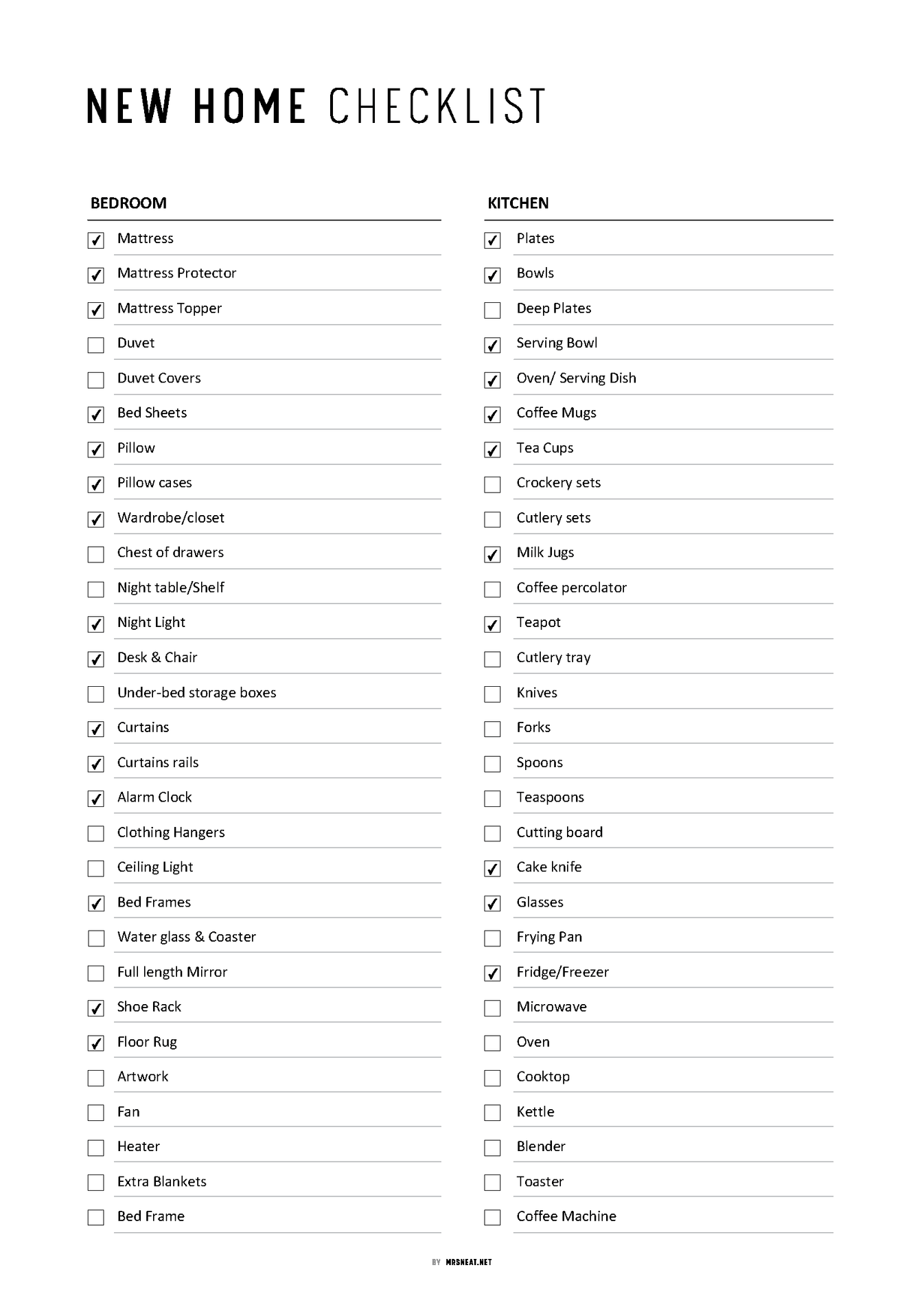 New House Checklist Template - M475 – mrsneat