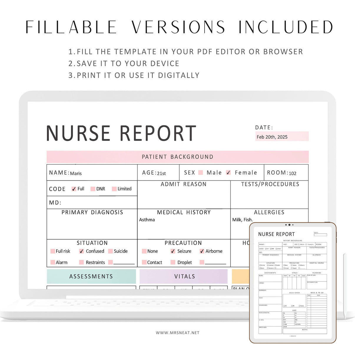Editable Nurse Report Sheet Printable - M534 – mrsneat