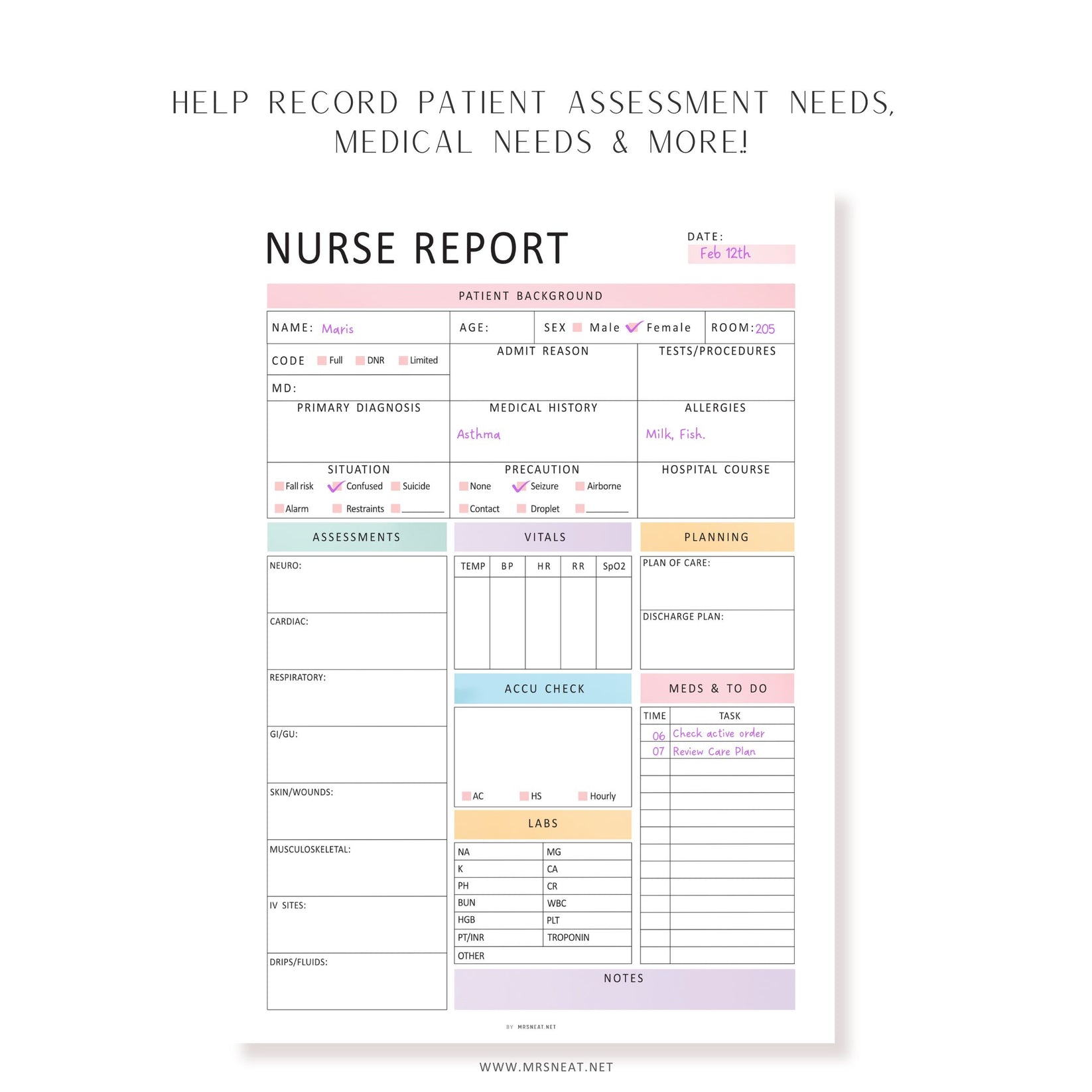 Editable Nurse Report Sheet Printable - M534 – mrsneat