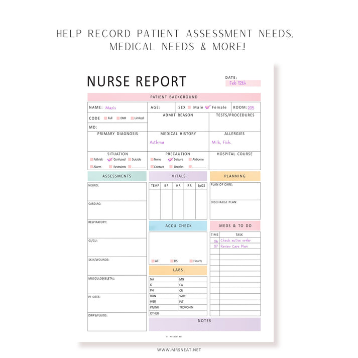Editable Nurse Report Sheet Printable - M534 – mrsneat