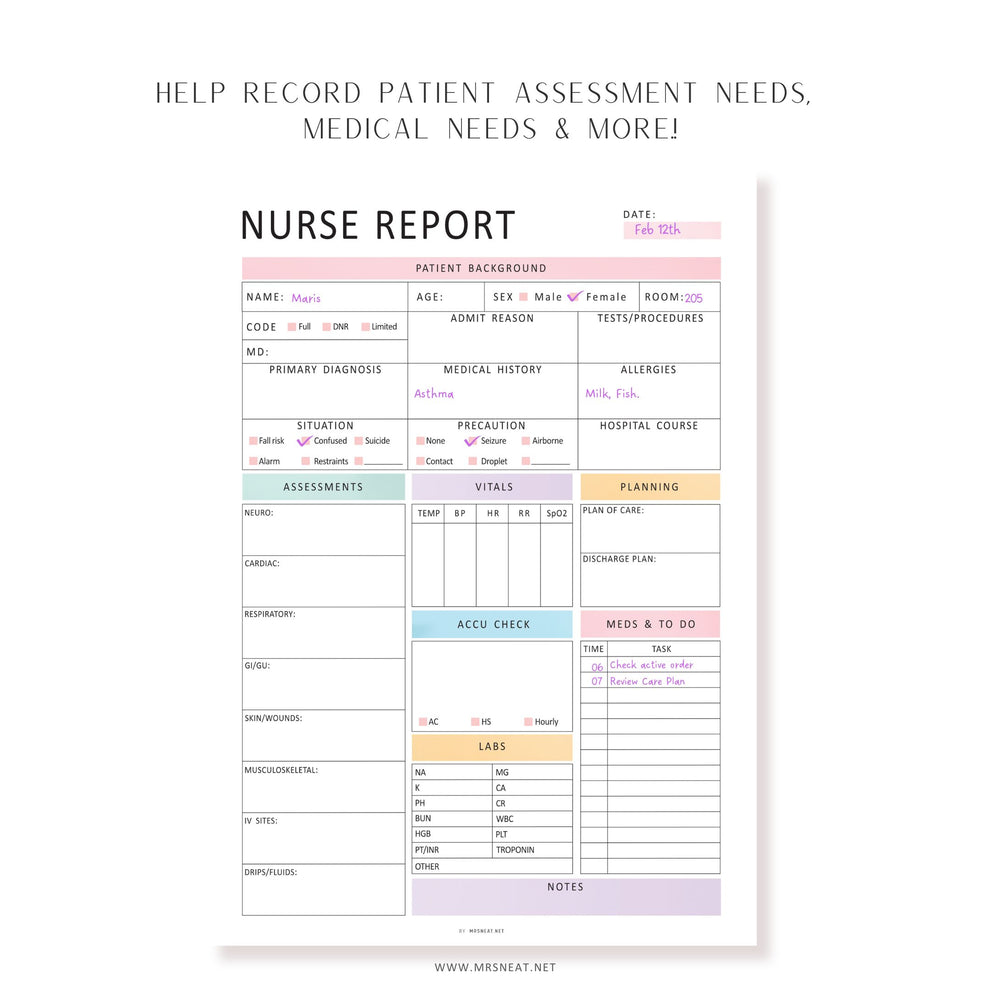 Editable Nurse Report Sheet Printable - M534 – mrsneat