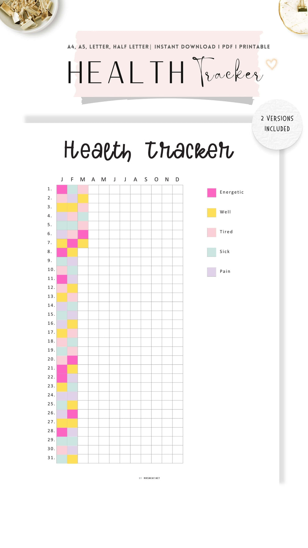 One Year Health Tracker Printable - M339 – mrsneat