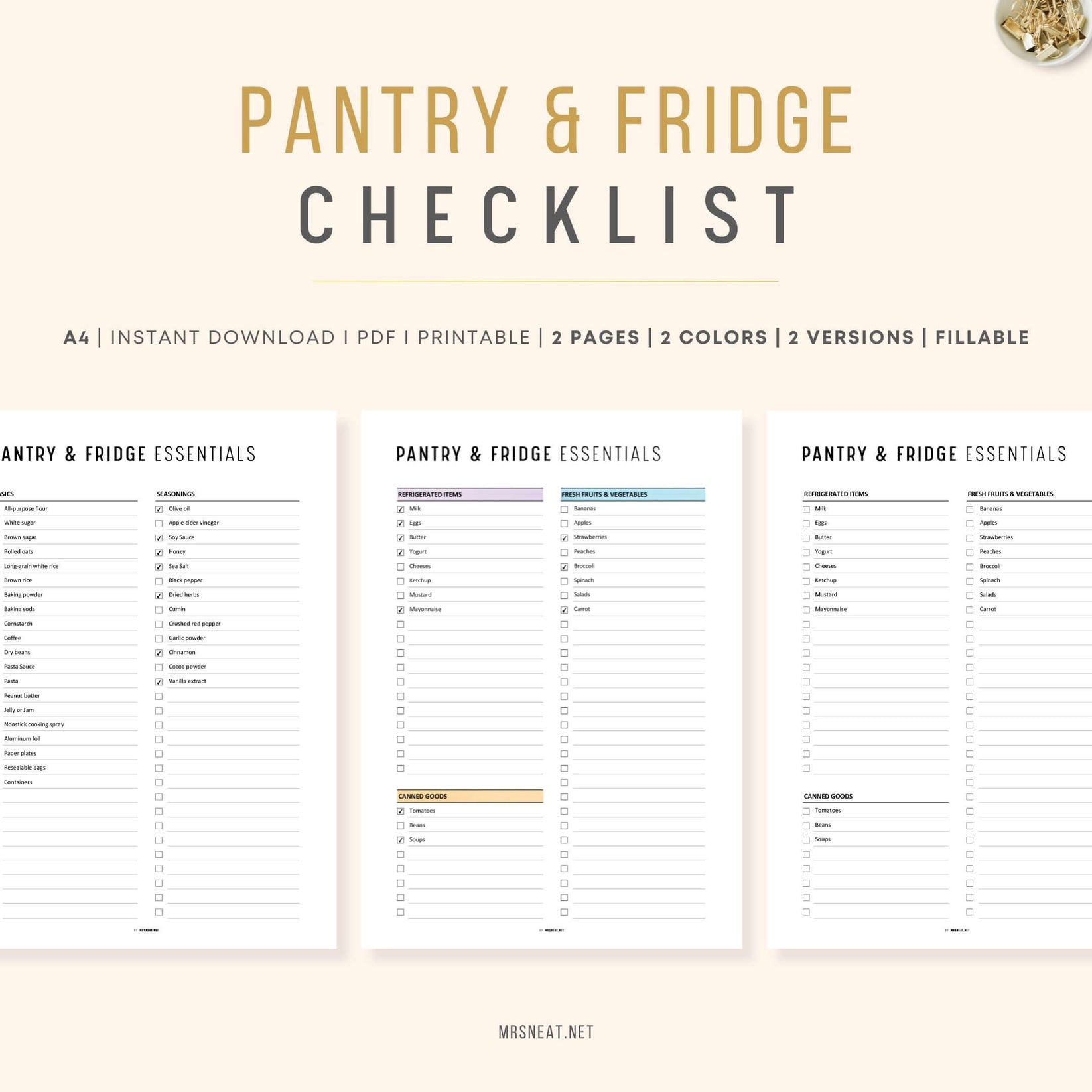 Pantry and Fridge Essentials Checklist PRINTABLE - M476 – mrsneat