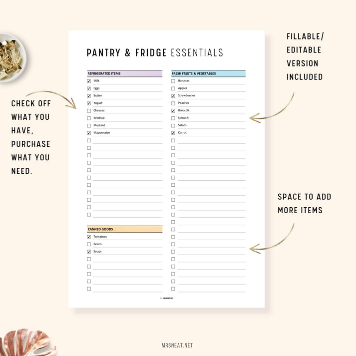 Pantry and Fridge Essentials Checklist PRINTABLE - M476 – mrsneat