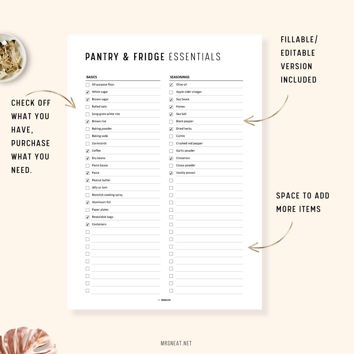 Pantry and Fridge Essentials Checklist PRINTABLE - M476 – mrsneat
